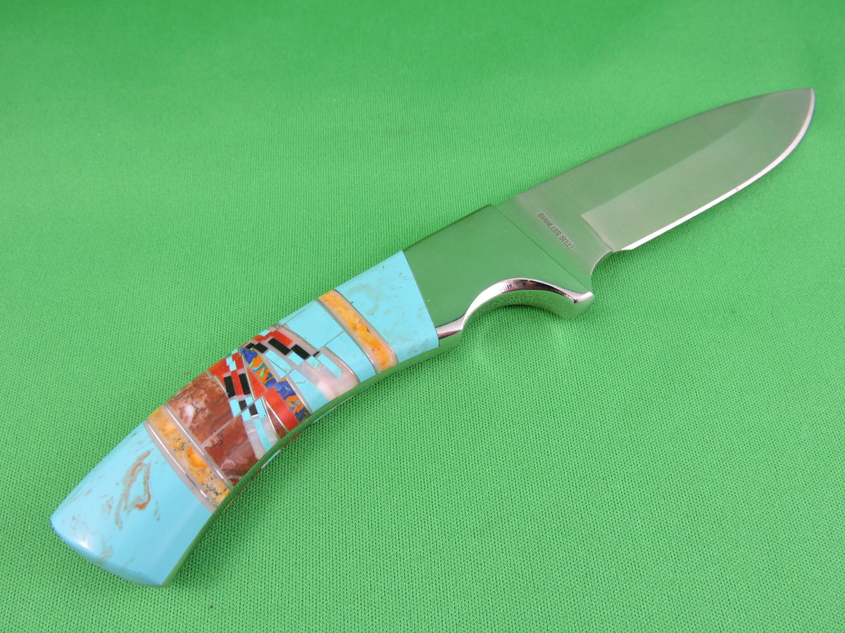 Knife - Hand Forged Turquoise Inlay Fixed Blade Knife – Sold Outright