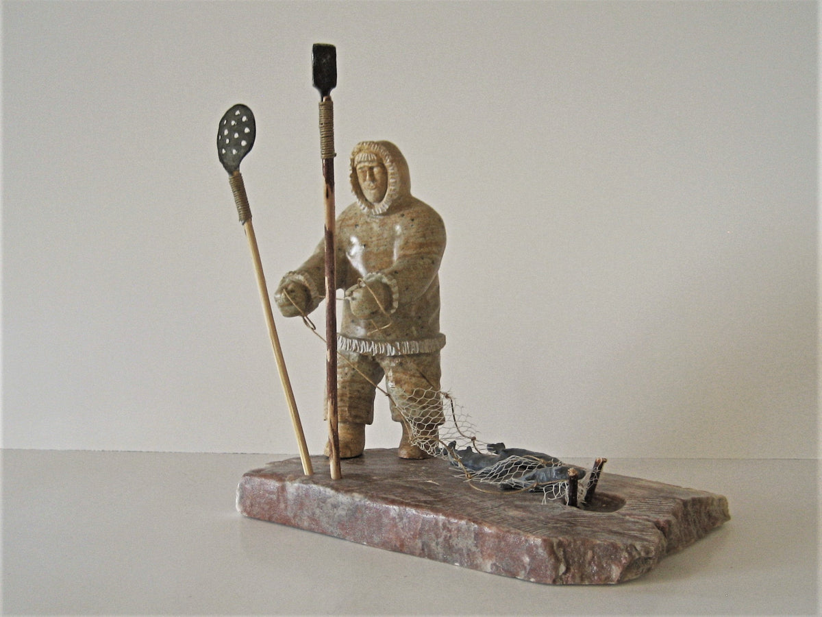 Inuit Art - Inuk Ice Fishing for Arctic Char with Fishing Net and Tool ...
